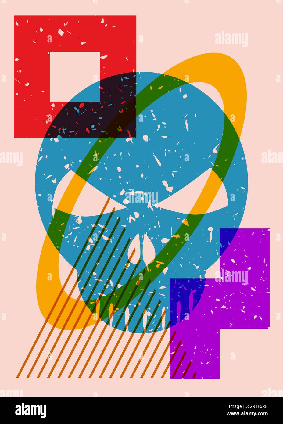 Halloween Colorful risograph poster with skull and geometric shapes ...