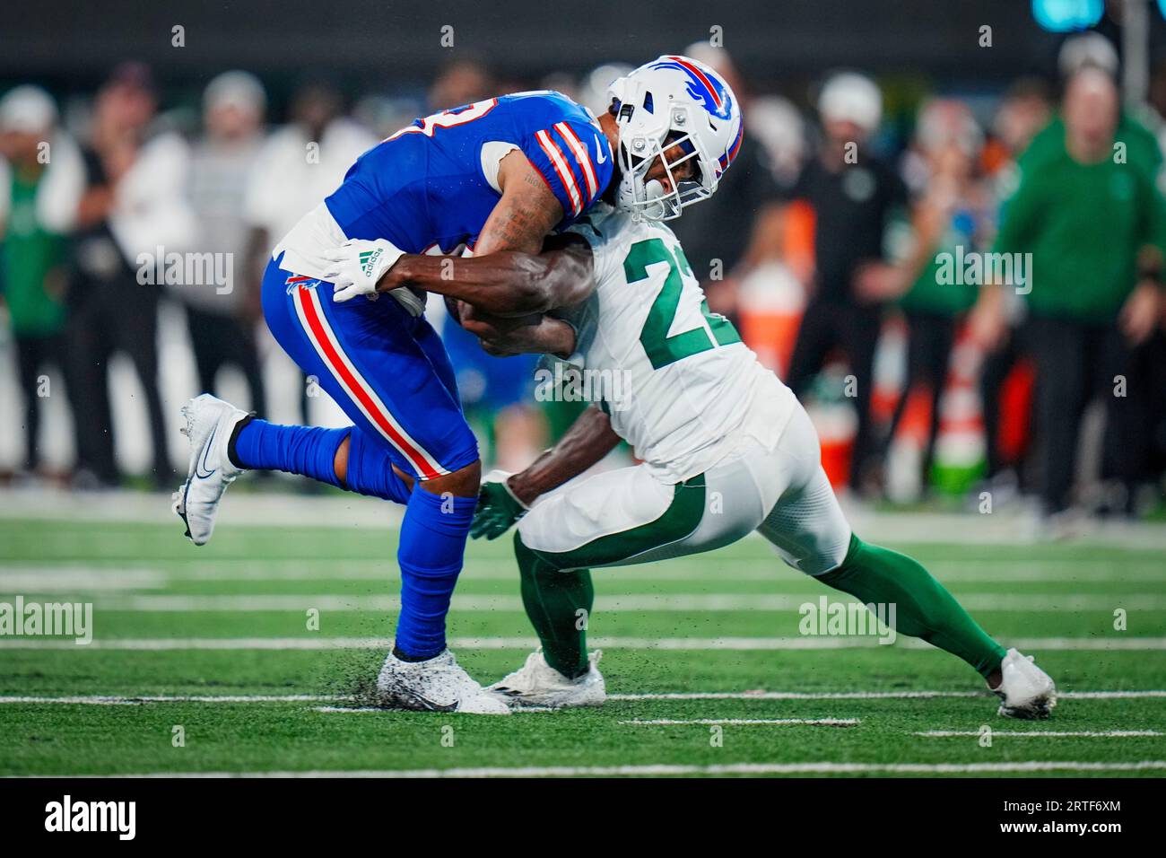 Buffalo Bills wide receiver Gabe Davis (13) is tackled by New York Jets ...