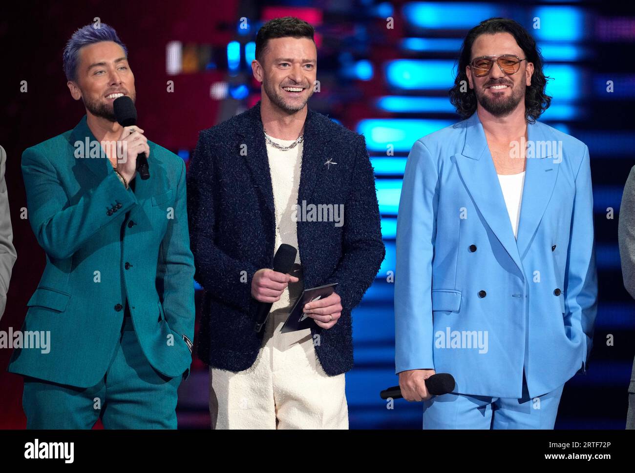 Lance Bass, from left, Justin Timberlake, and JC Chasez of NYSYNC ...