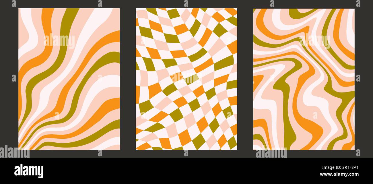 Groovy psychedelic pattern posters set. Wavy lines, checkerboard and sunburst backgrounds ...