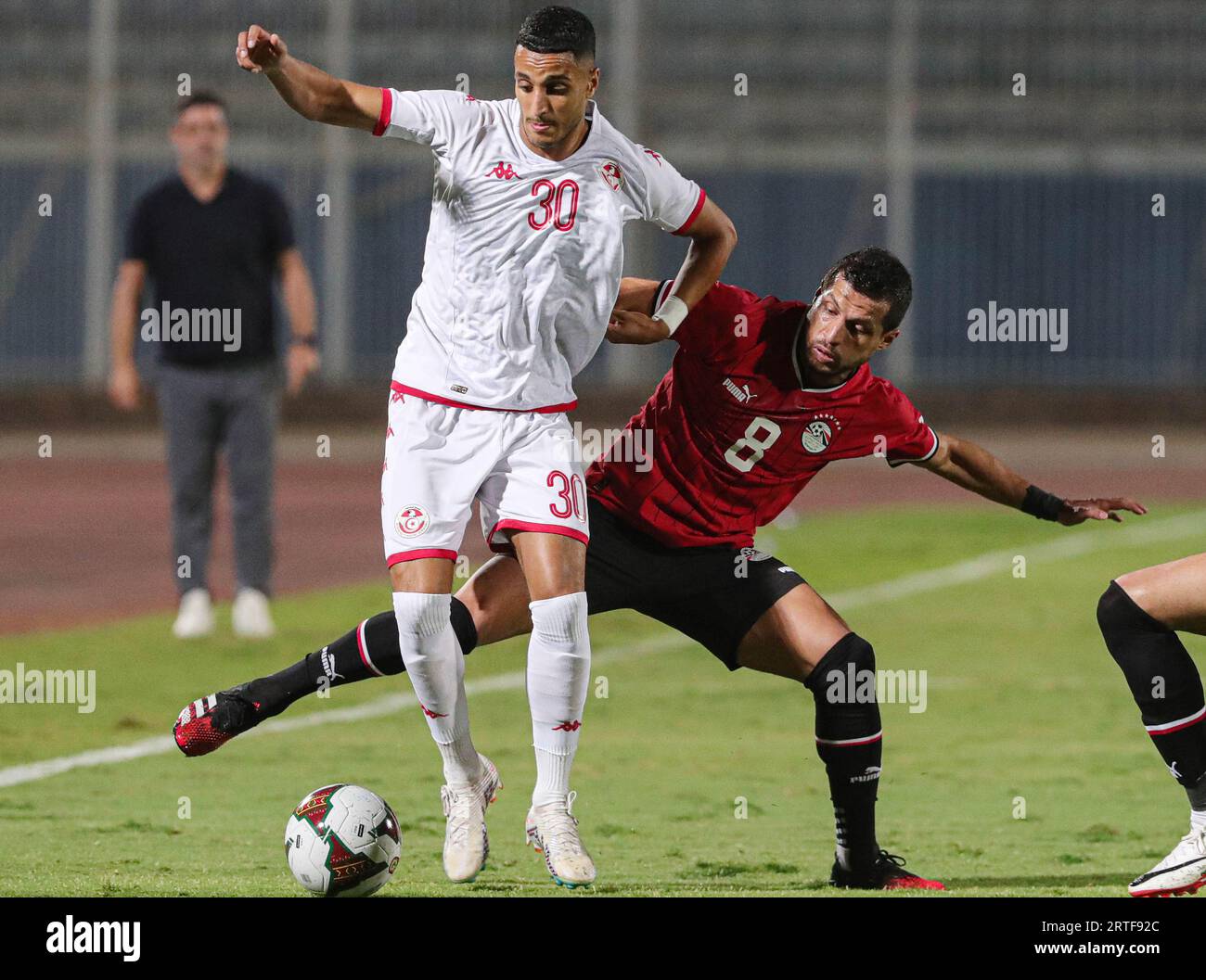 Cairo, Egypt. 12th Sep, 2023. Tarek Hamed (R) of Egypt vies with Elias ...
