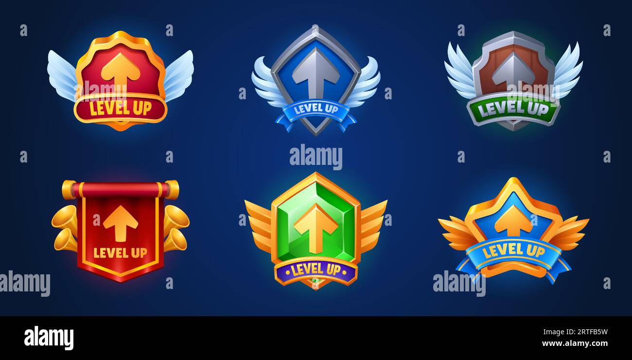 Set of level up badges isolated on background. Vector cartoon ...