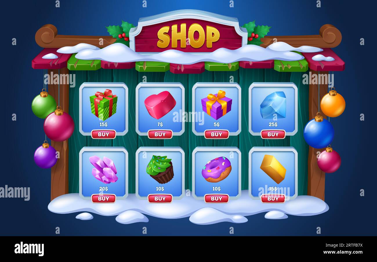 Winter and Christmas shop game interface - cartoon wooden window with ...