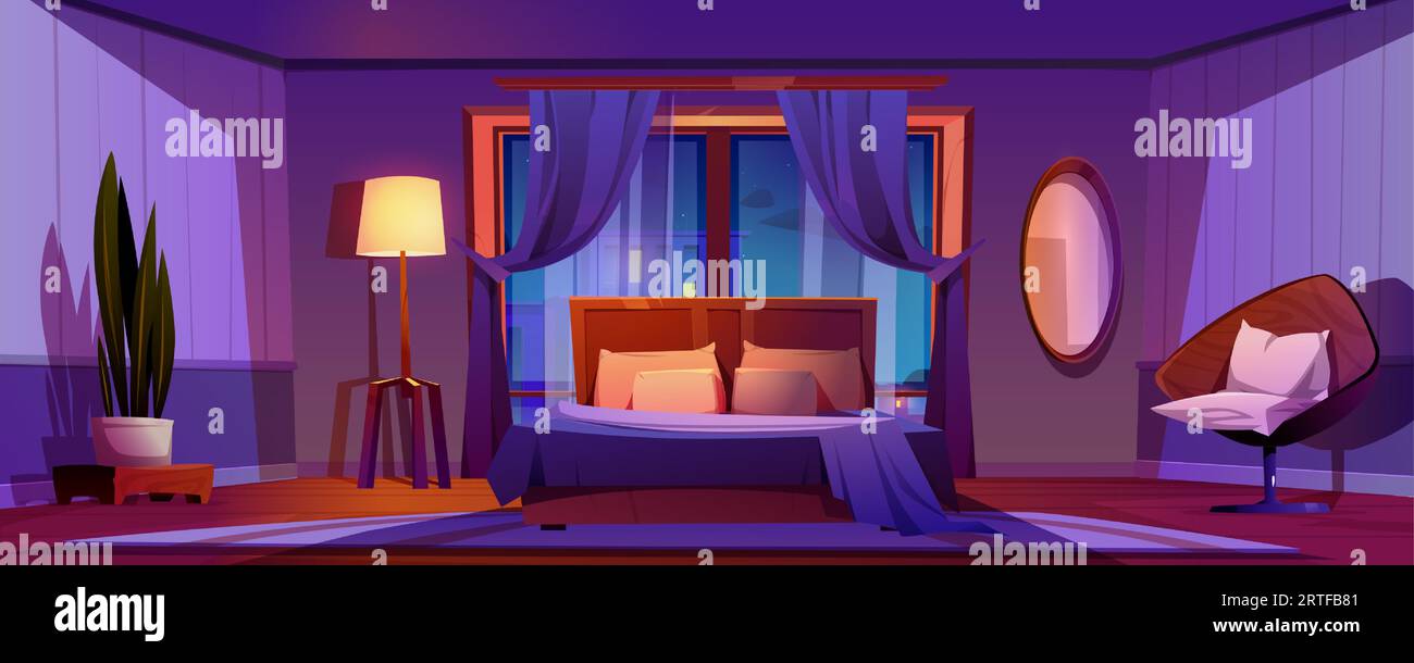 Hotel bedroom interior at night. Vector cartoon illustration of tidy ...