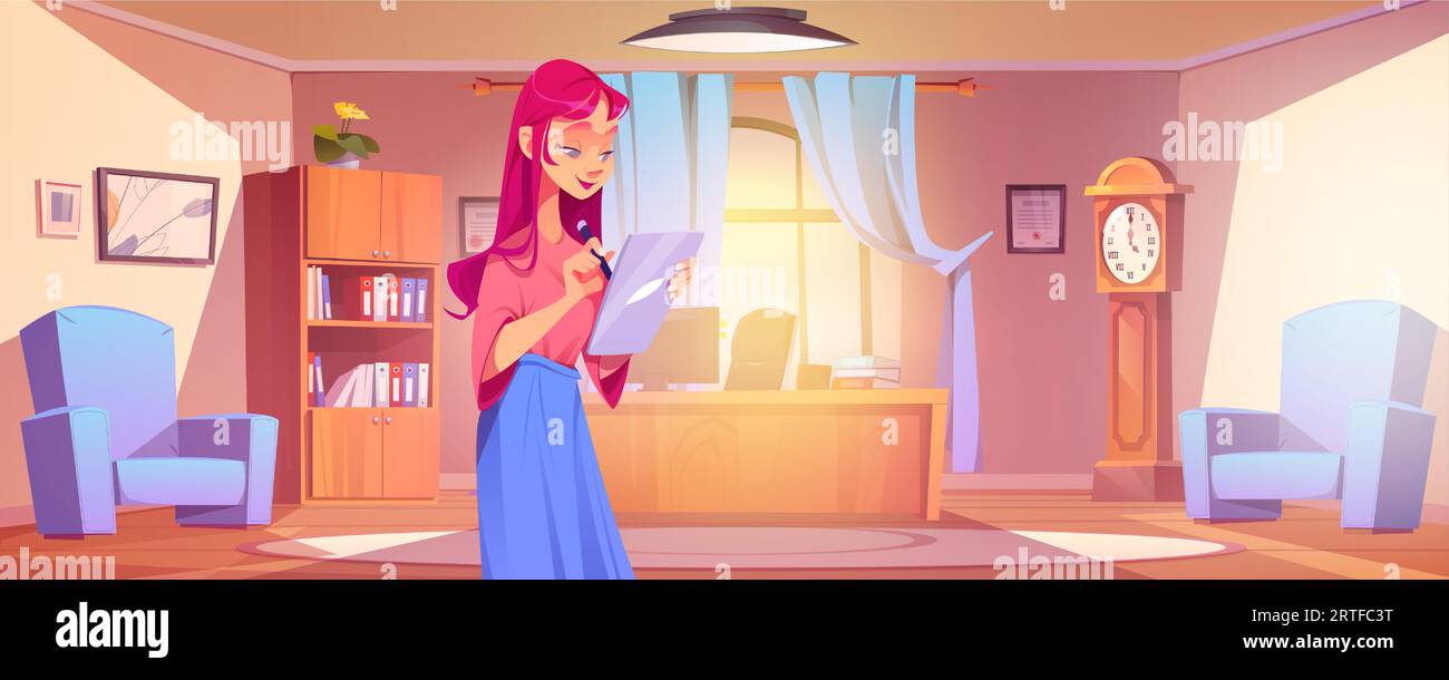 Director office room with woman standing near desk. Female principal ...