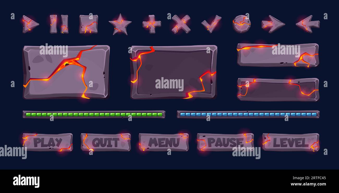 Stone with lava texture game interface vector. Volcano board crack ui ...