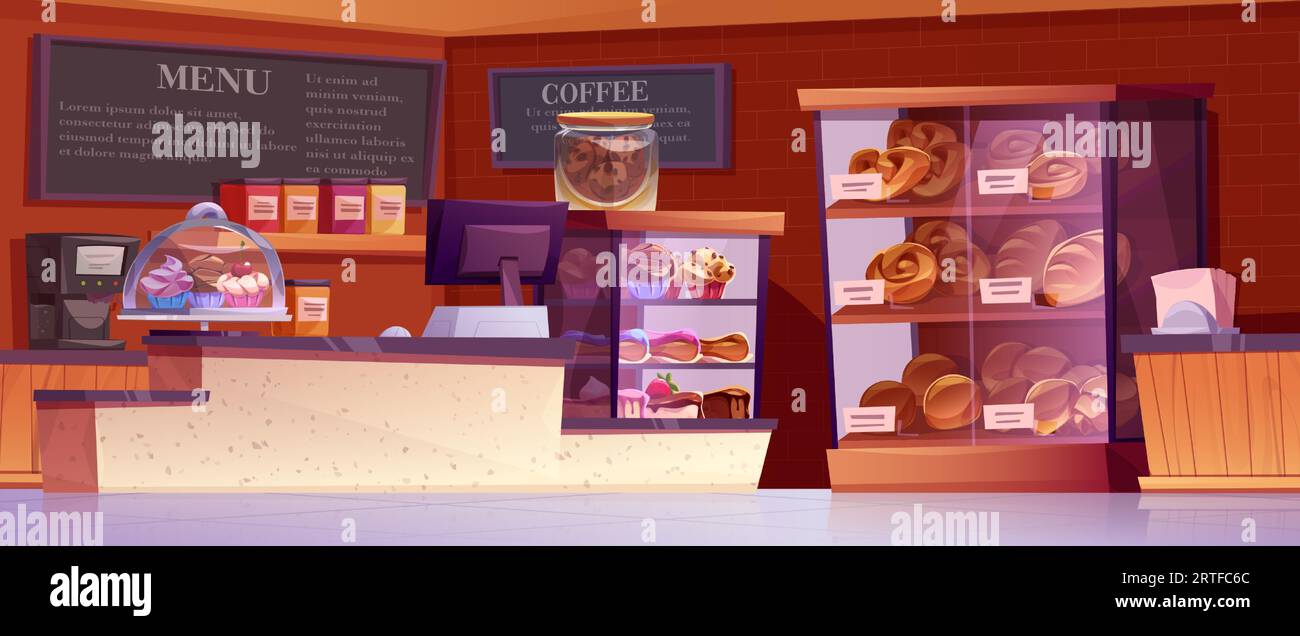 Modern cafe with fresh pastry on shelves. Vector cartoon illustration ...