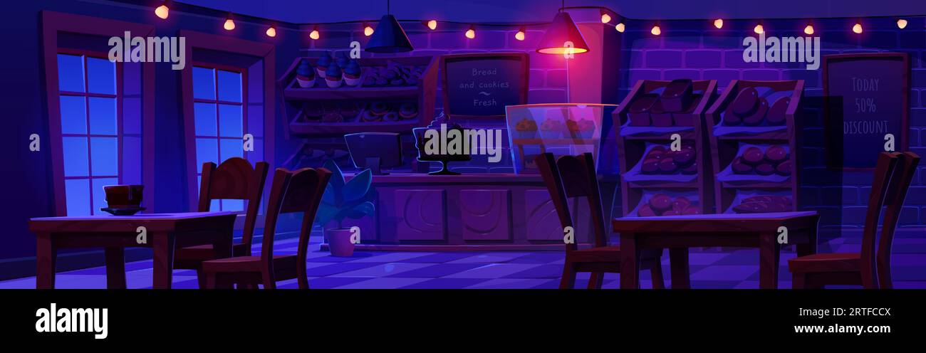Night bakery shop interior with counter cartoon background. Lamp glow ...