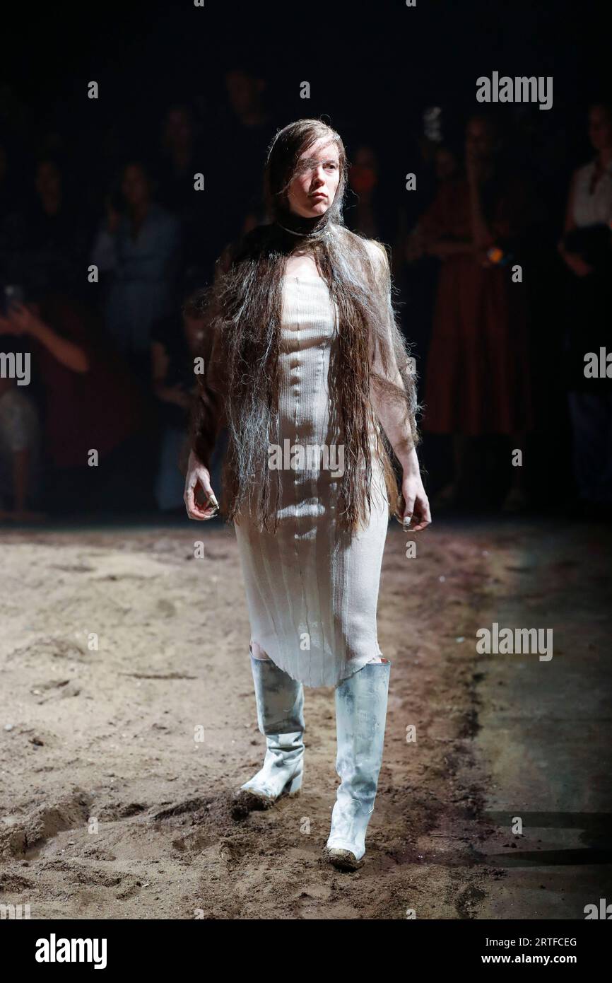 New York, USA. 12th Sep, 2023. A model walks on the runway at the Elena ...
