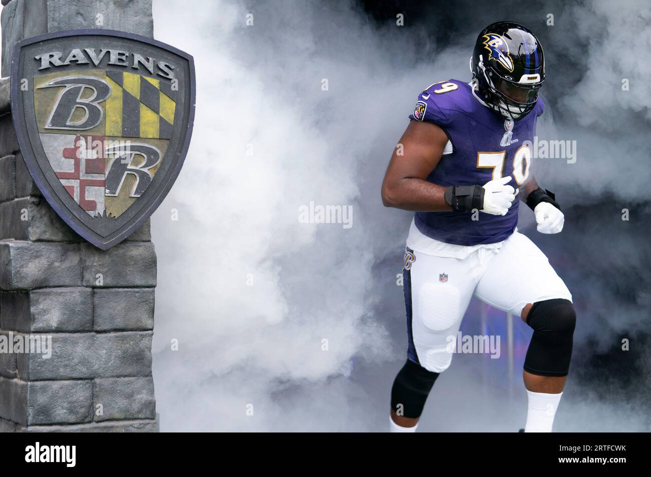 Baltimore Ravens offensive tackle Ronnie Stanley takes the field during the first half of an NFL ...