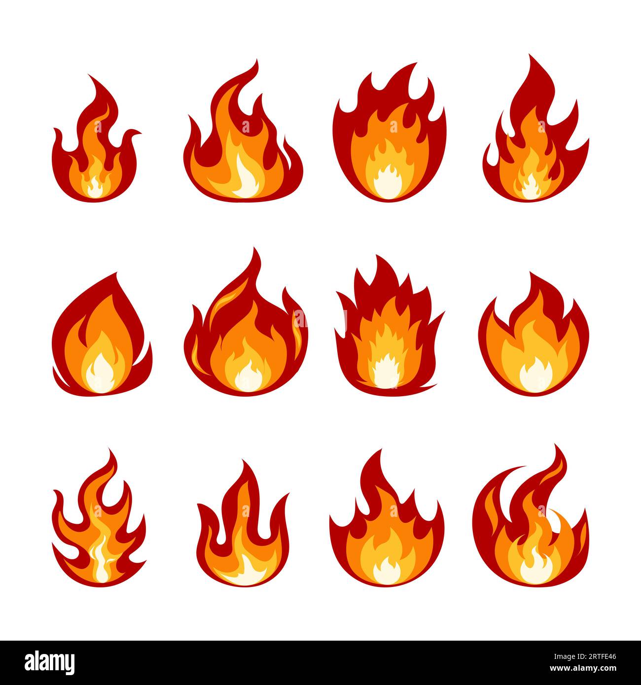 Fire flames cartoon set isolate on white. Vector bonfire of different ...