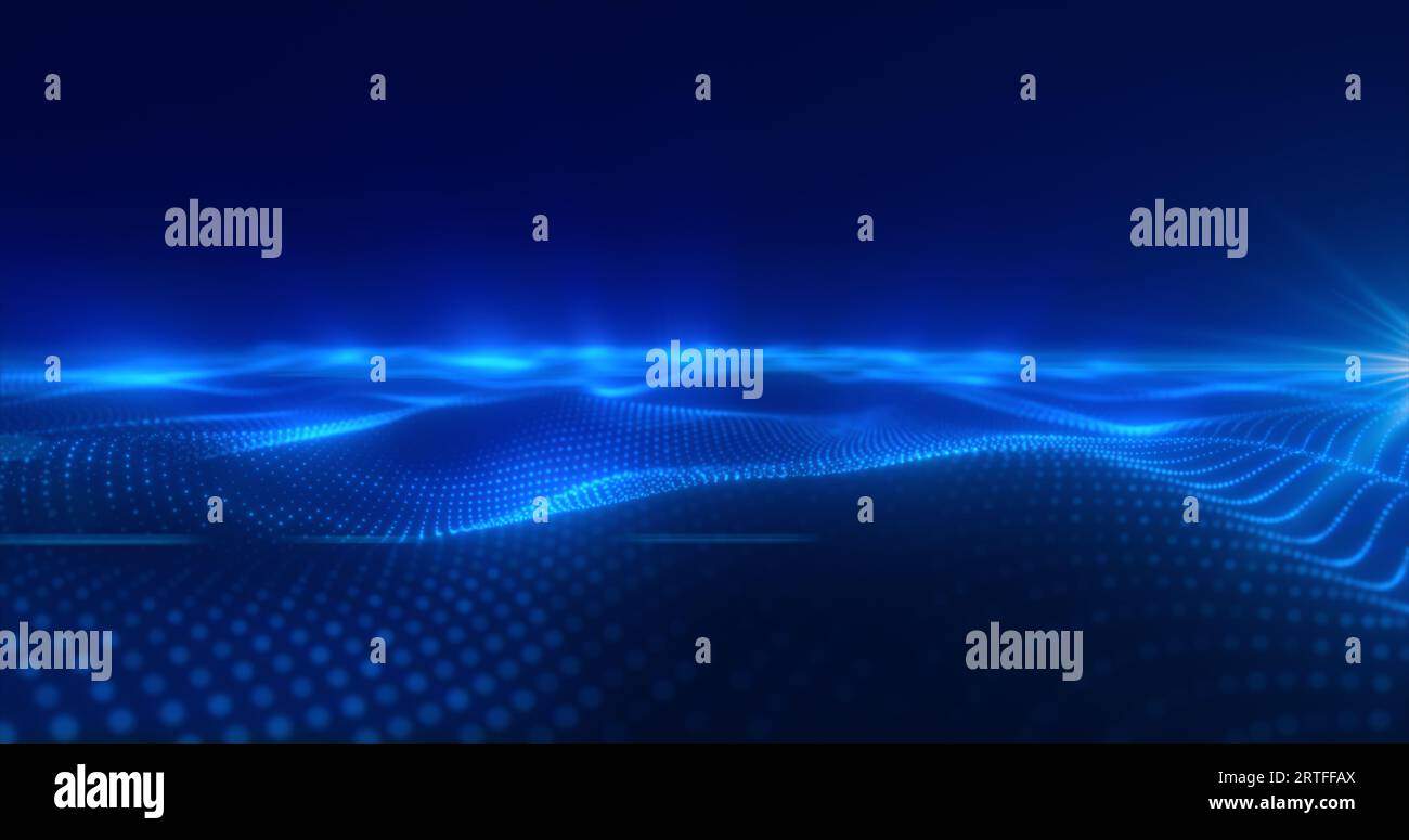 Abstract blue energy surface with magic waves from particles and dots ...