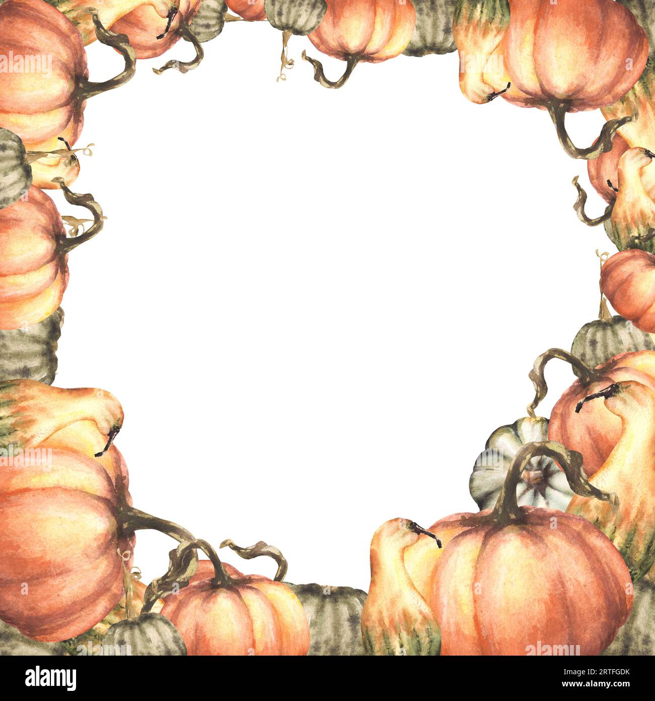 Fall pumpkins frame Autumn vegetables harvest. Isolated watercolor ...