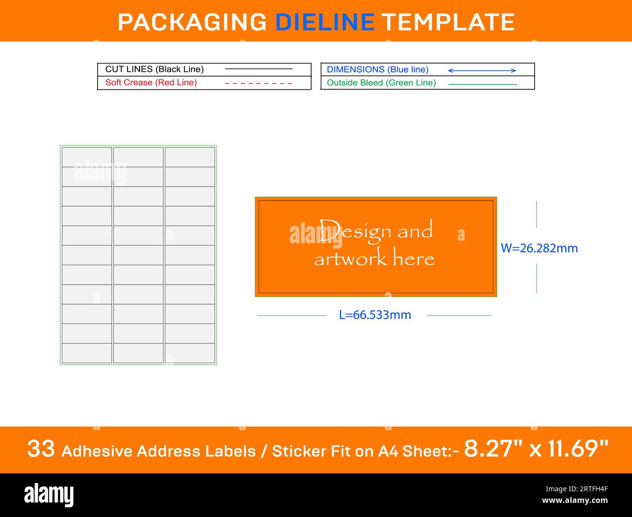 33 Adhesive Address Labels Die line Template 66.533 x 26.282mm Stock ...