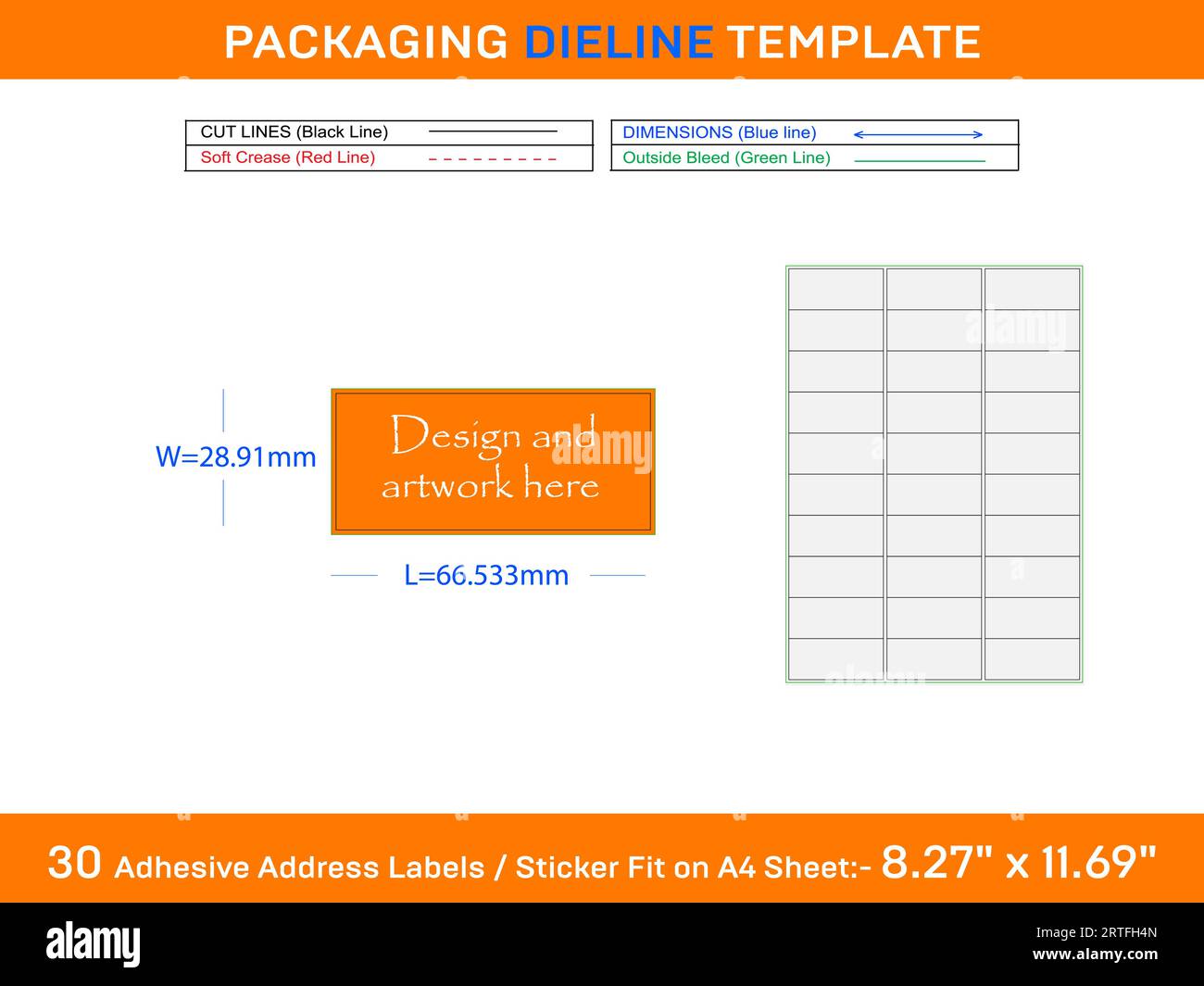 30 Adhesive Address Labels Die line Template 66.533 x 28.91mm Stock ...