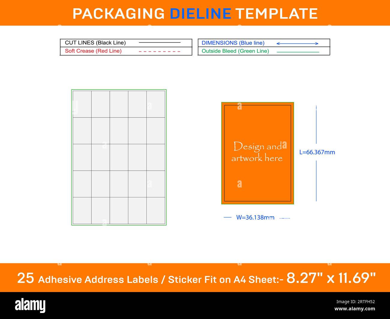 25 Adhesive Address Labels Die line Template 66.367 x 36.138mm Stock ...