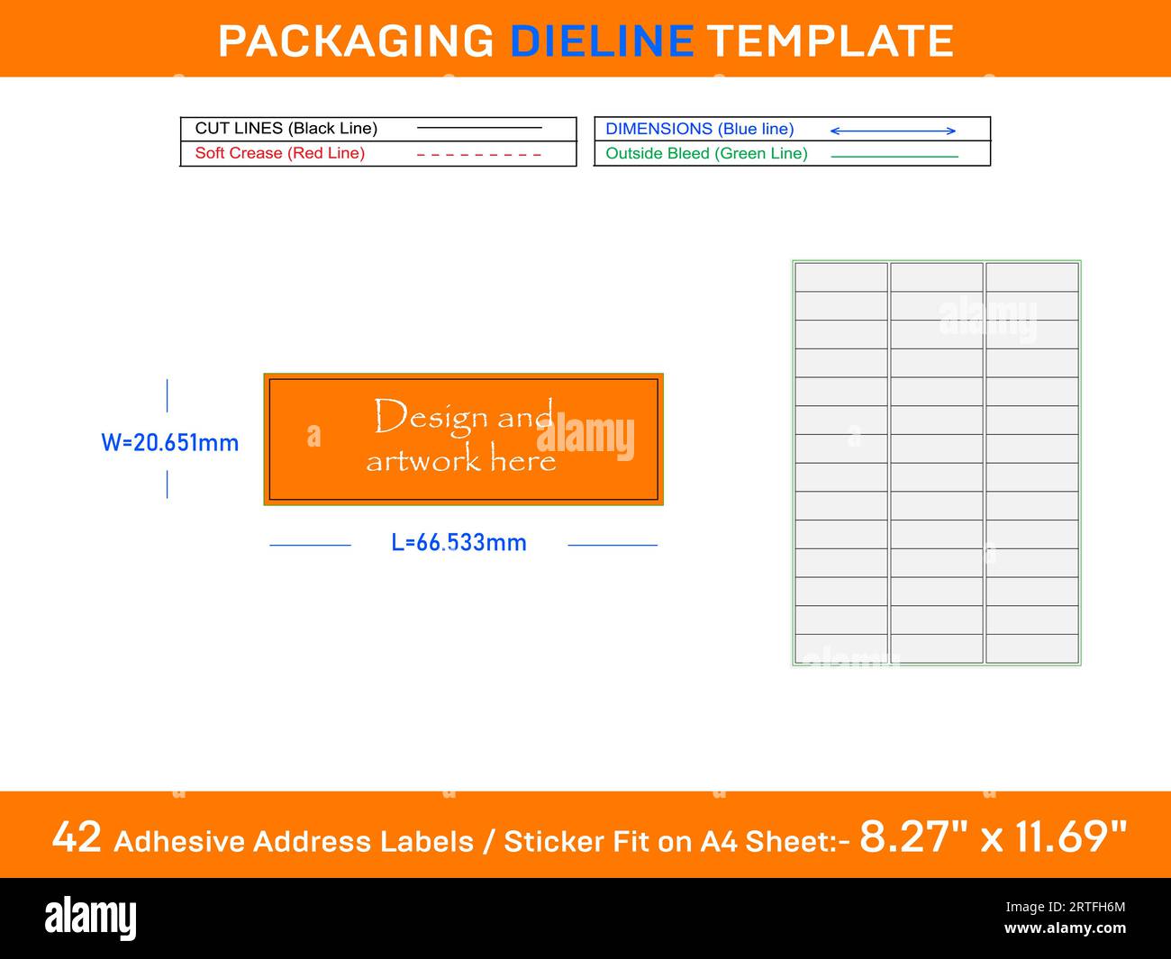 42 Adhesive Address Labels Die line Template 66.533 x 20.651mm Stock ...