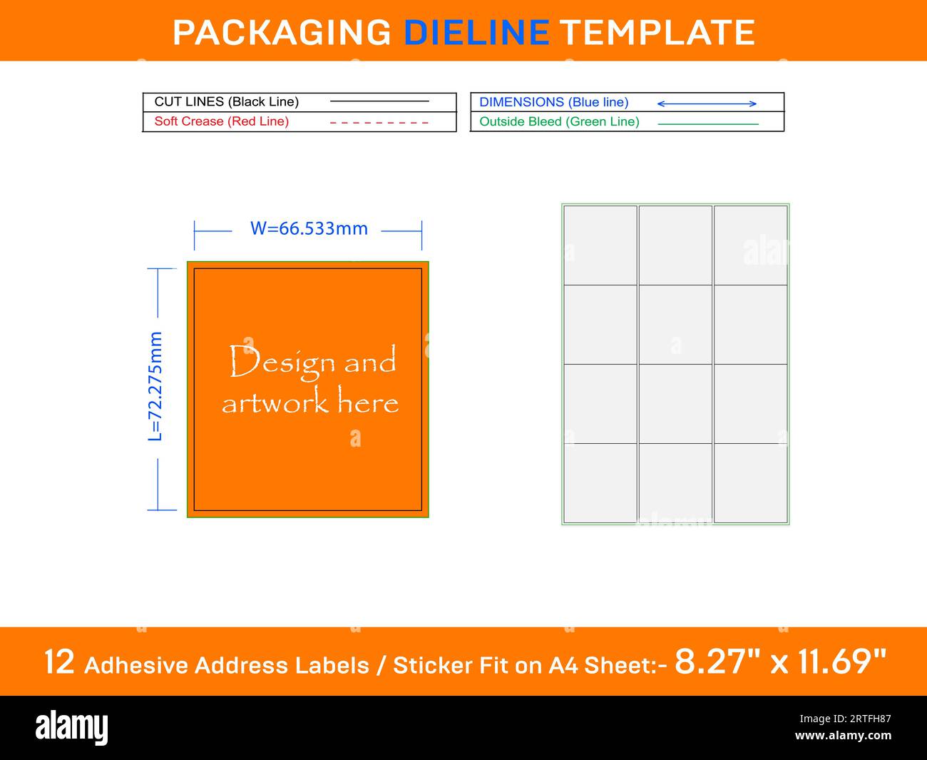 12 Adhesive Address Labels Die line Template 72.275 x 66.53mm Stock ...