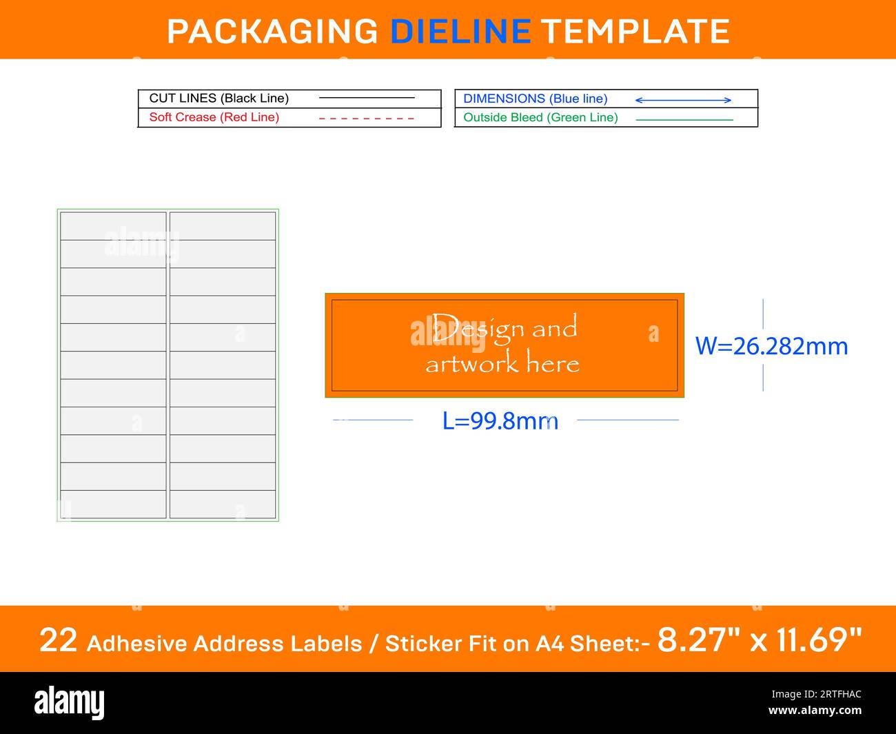 22 Adhesive Address Labels Die line Template 99.8 x 26.282mm Stock ...