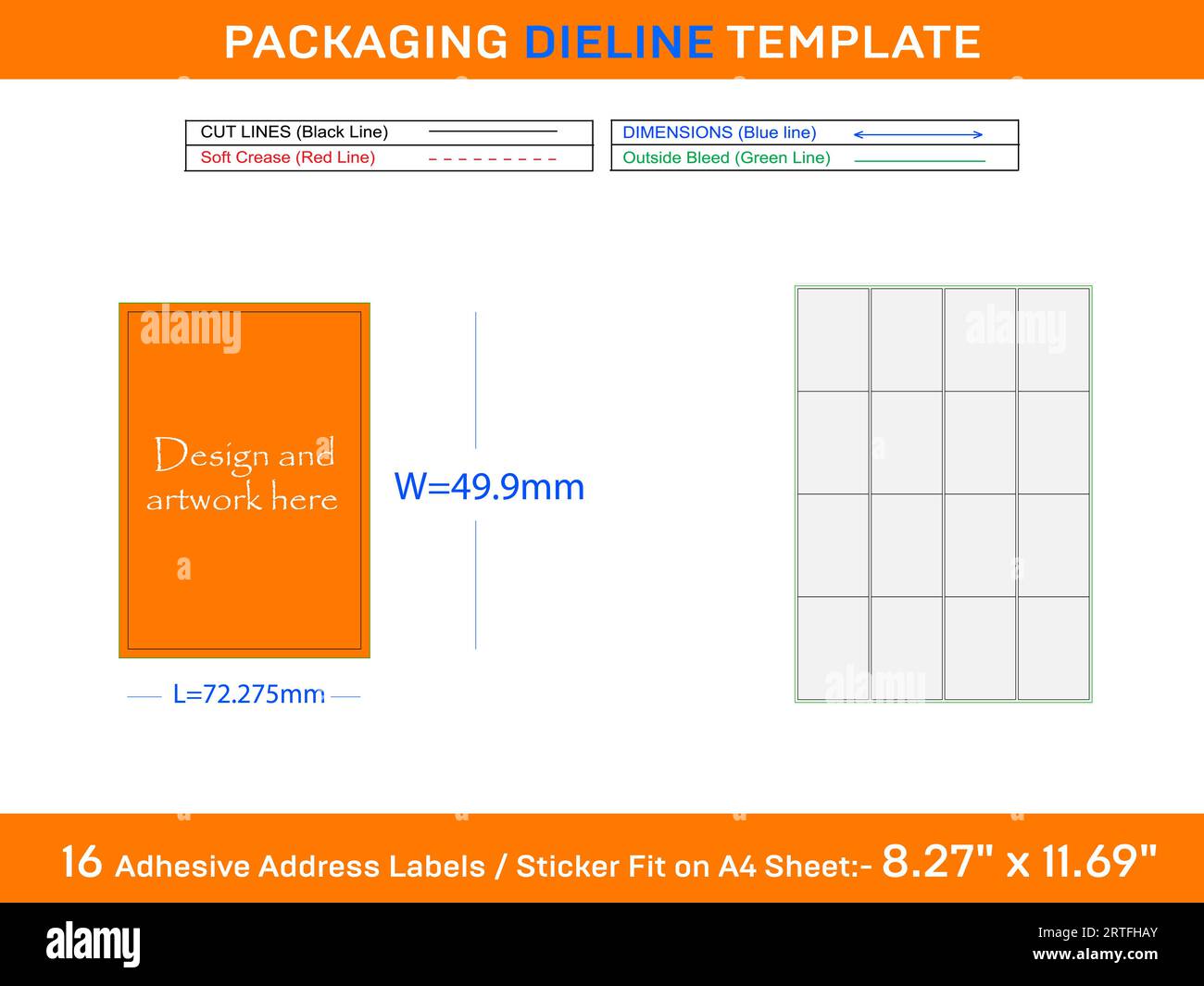 16 Adhesive Address Labels Dieline Template 72.275 x 49.9mm Stock ...
