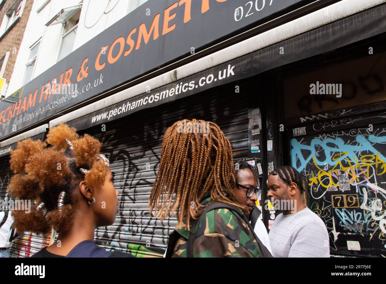 London, UK. 12th Sep, 2023. Protesters gathered outside Peckham Hair ...