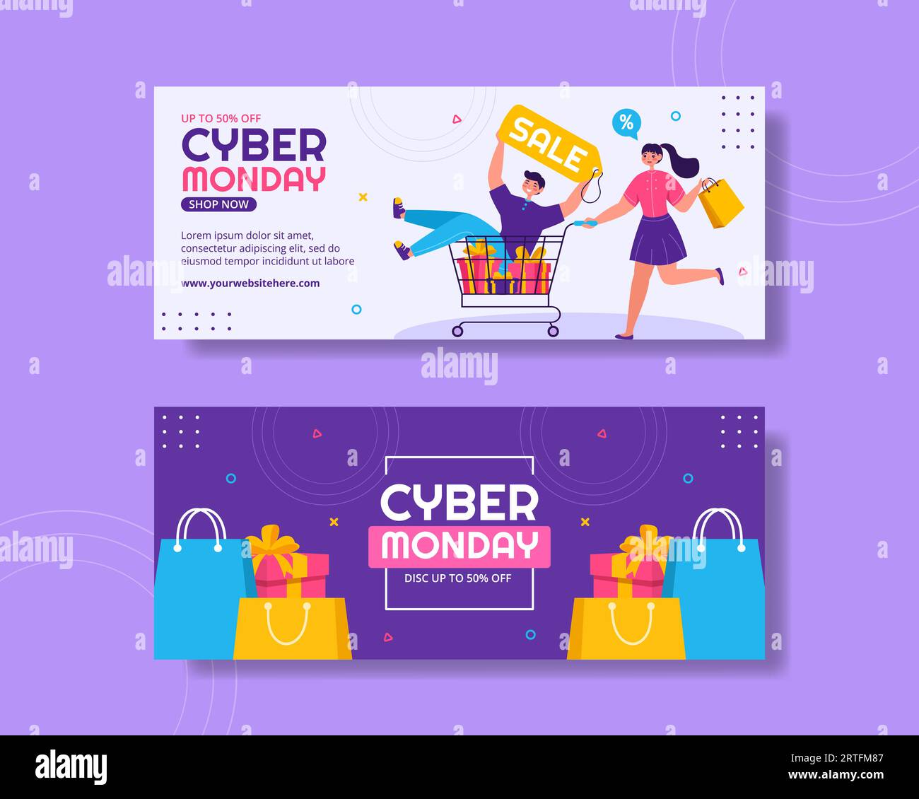 Cyber Monday Event Horizontal Banner Flat Cartoon Hand Drawn Templates ...