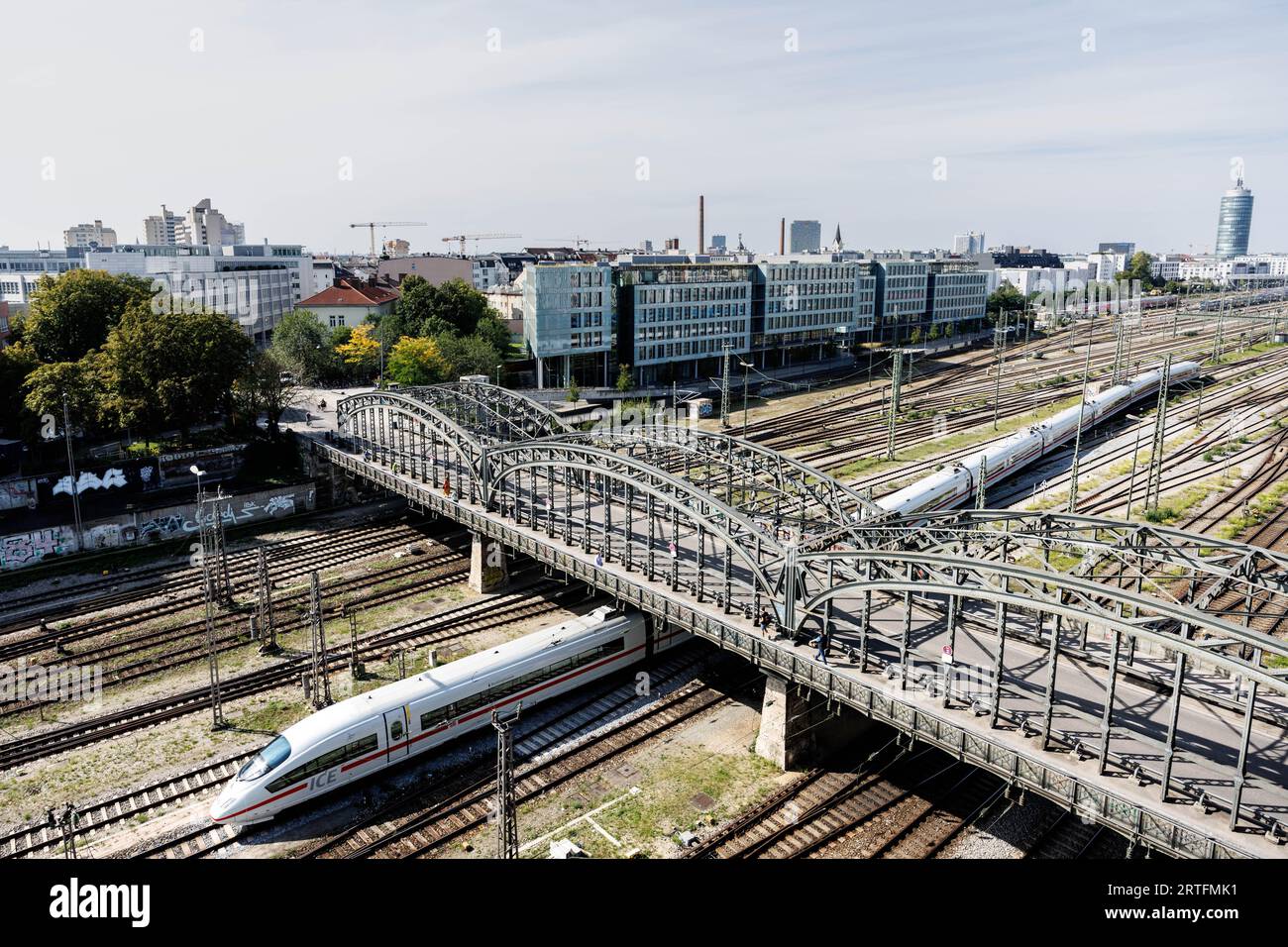 Munich, Germany. 12th Sep, 2023. A Deutsche Bahn ICE train passes under ...