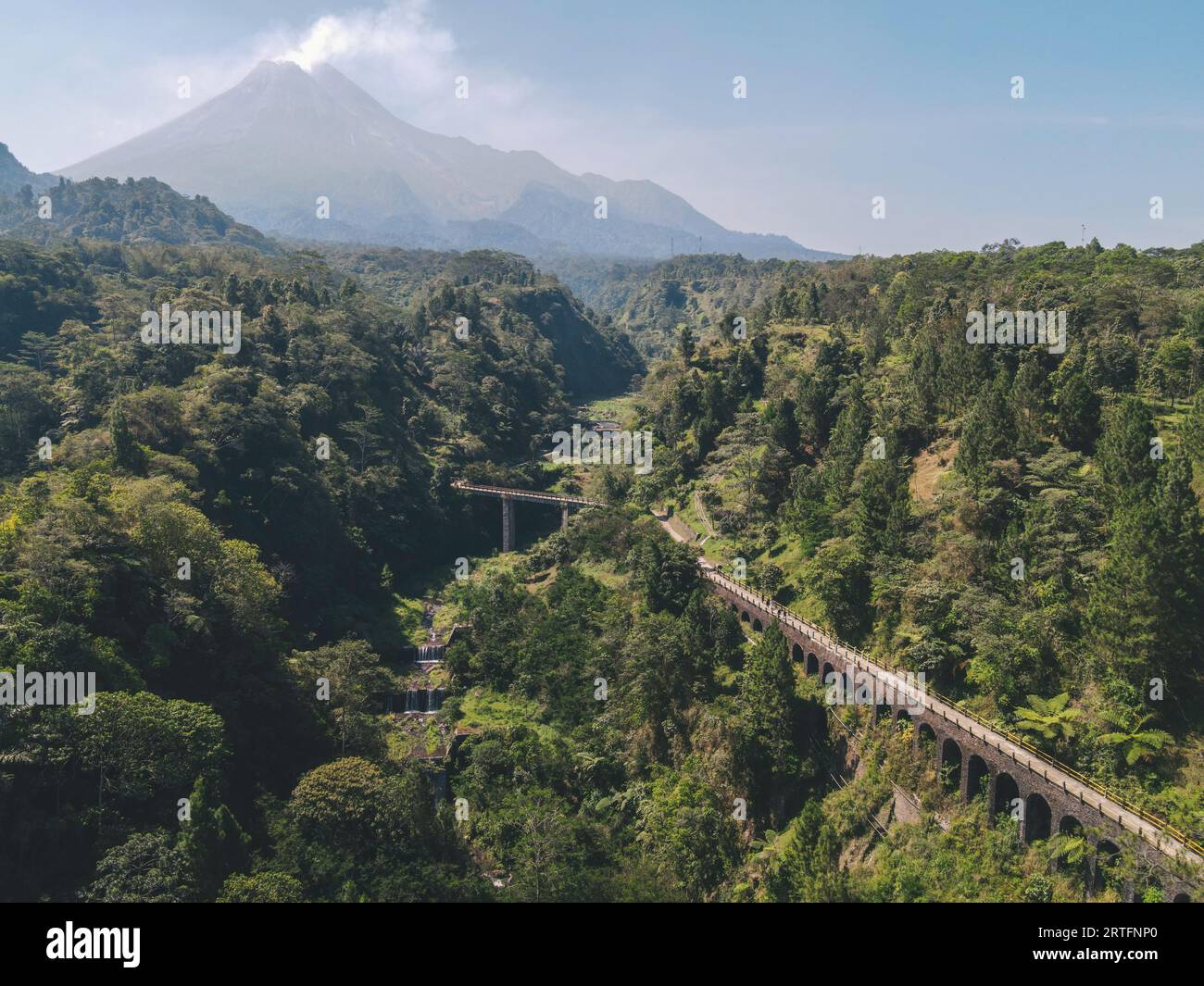 Aerial drone view of a bridge in the middle of forest in Plunyon ...