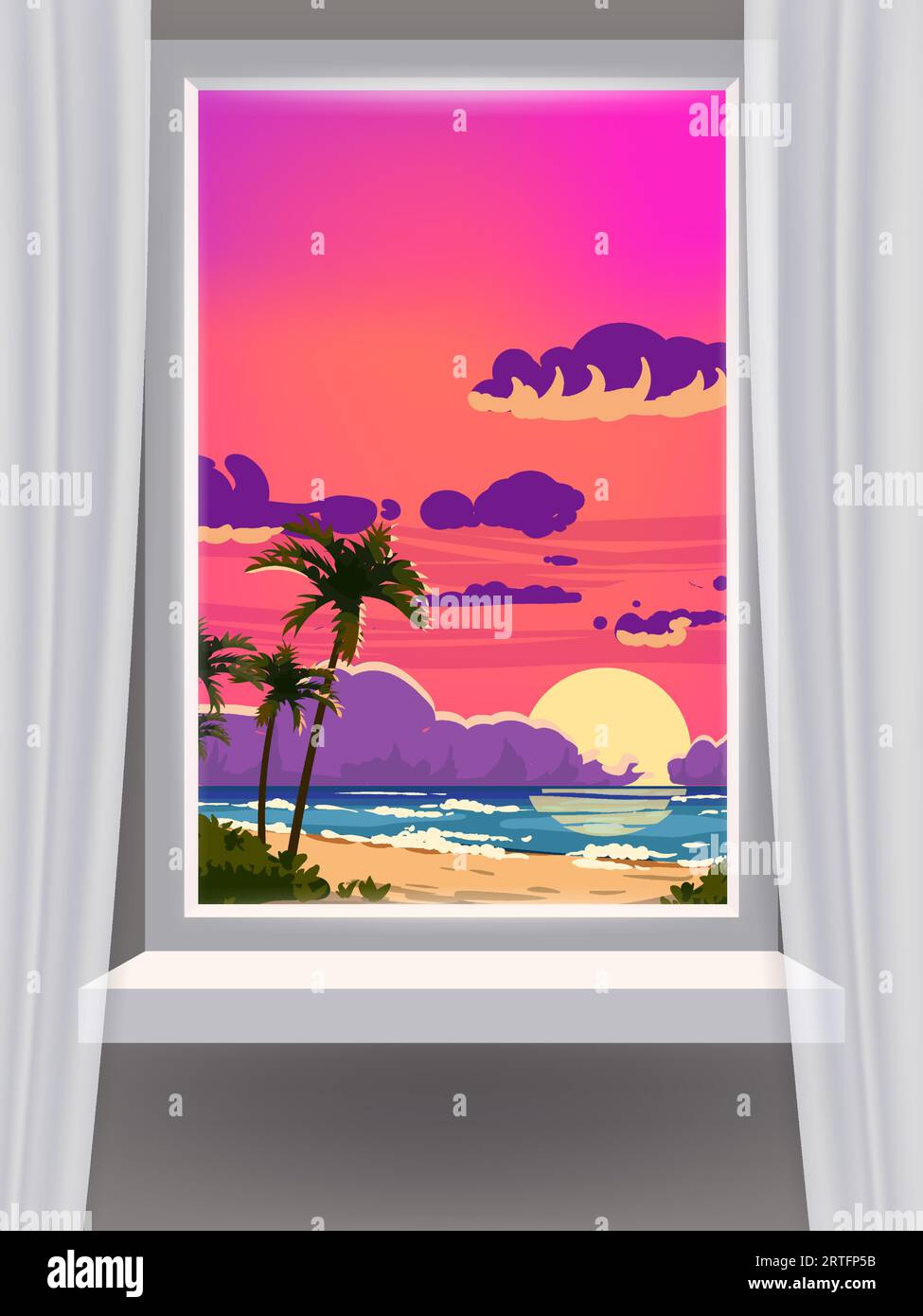 Window view interior, minimal tropical landscape, palms, sunset, cloud ...