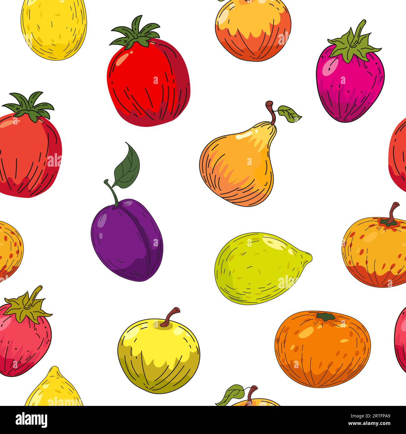 Colorful bright fruits seamless pattern. Hand drawing sketch fruits ...