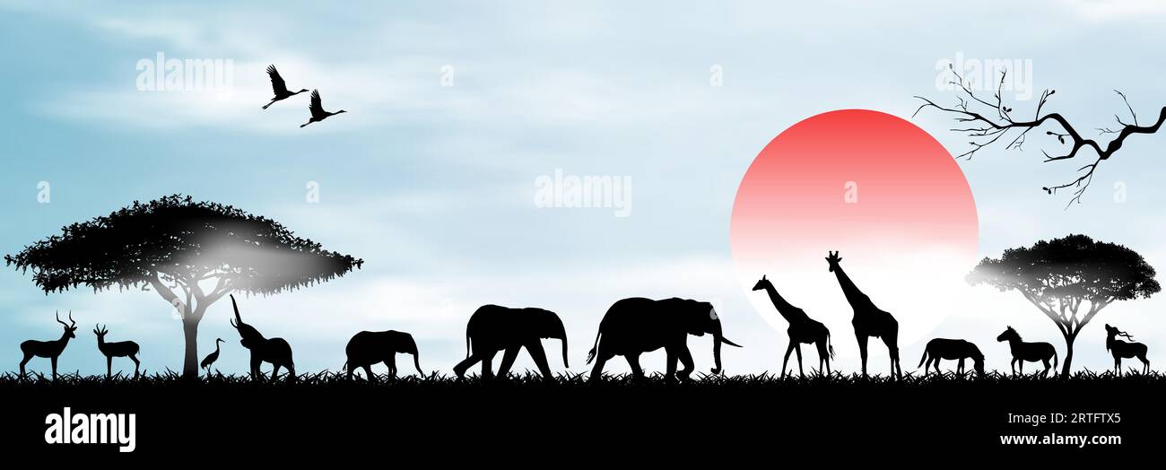Silhouettes of wild animals against the backdrop of the rising sun and ...