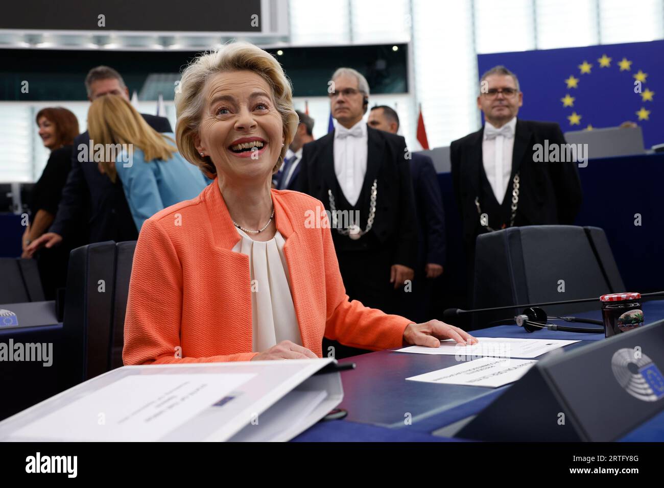 European Commission President Ursula von der Leyen smiles before ...