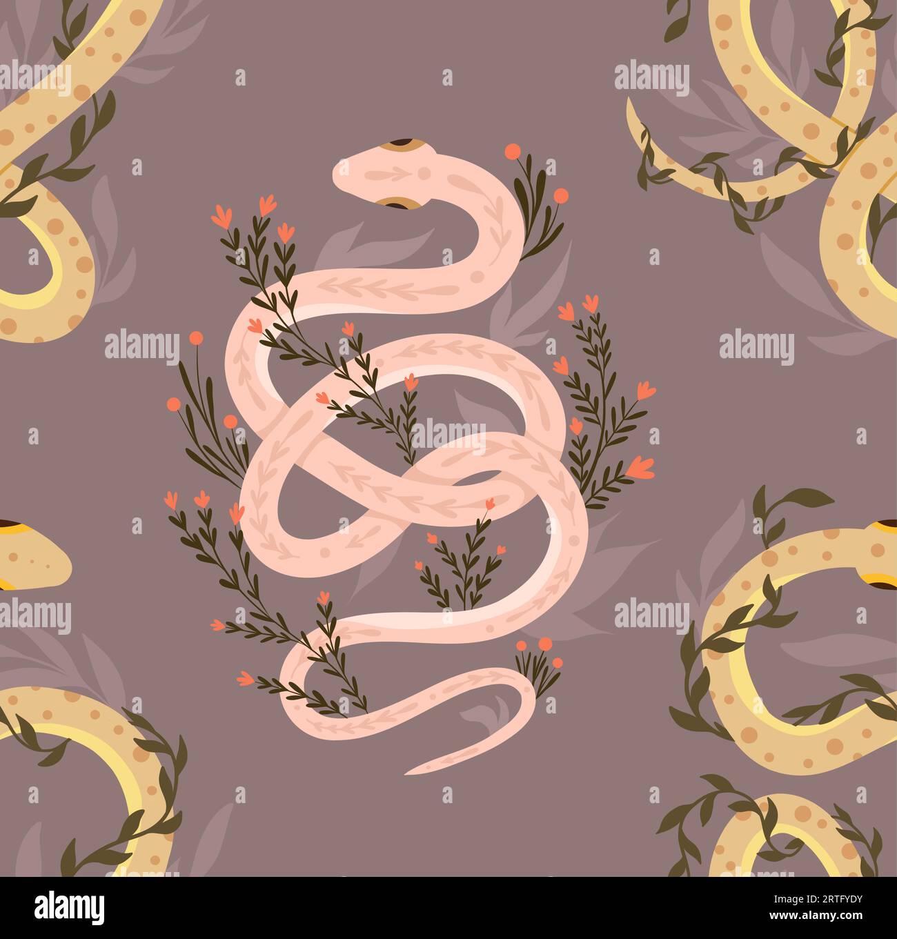 Vector seamless pattern with snakes and herbs. Animalistic texture with ...