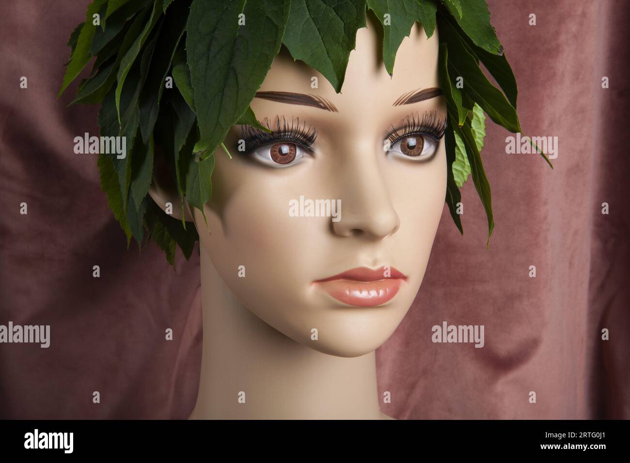 a display mannequin wearing hair of leaves and representing a nature ...