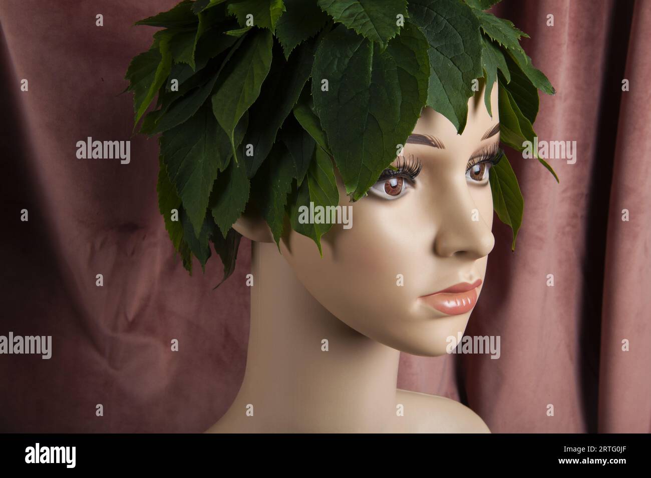 a display mannequin wearing hair of leaves and representing a nature ...