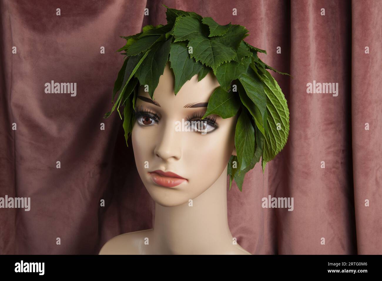 a display mannequin wearing hair of leaves and representing a nature ...