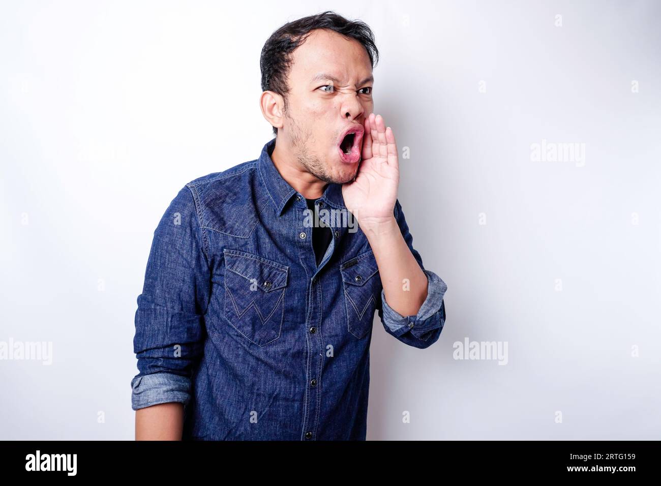 Young handsome man wearing a blue shirt shouting and screaming loud ...
