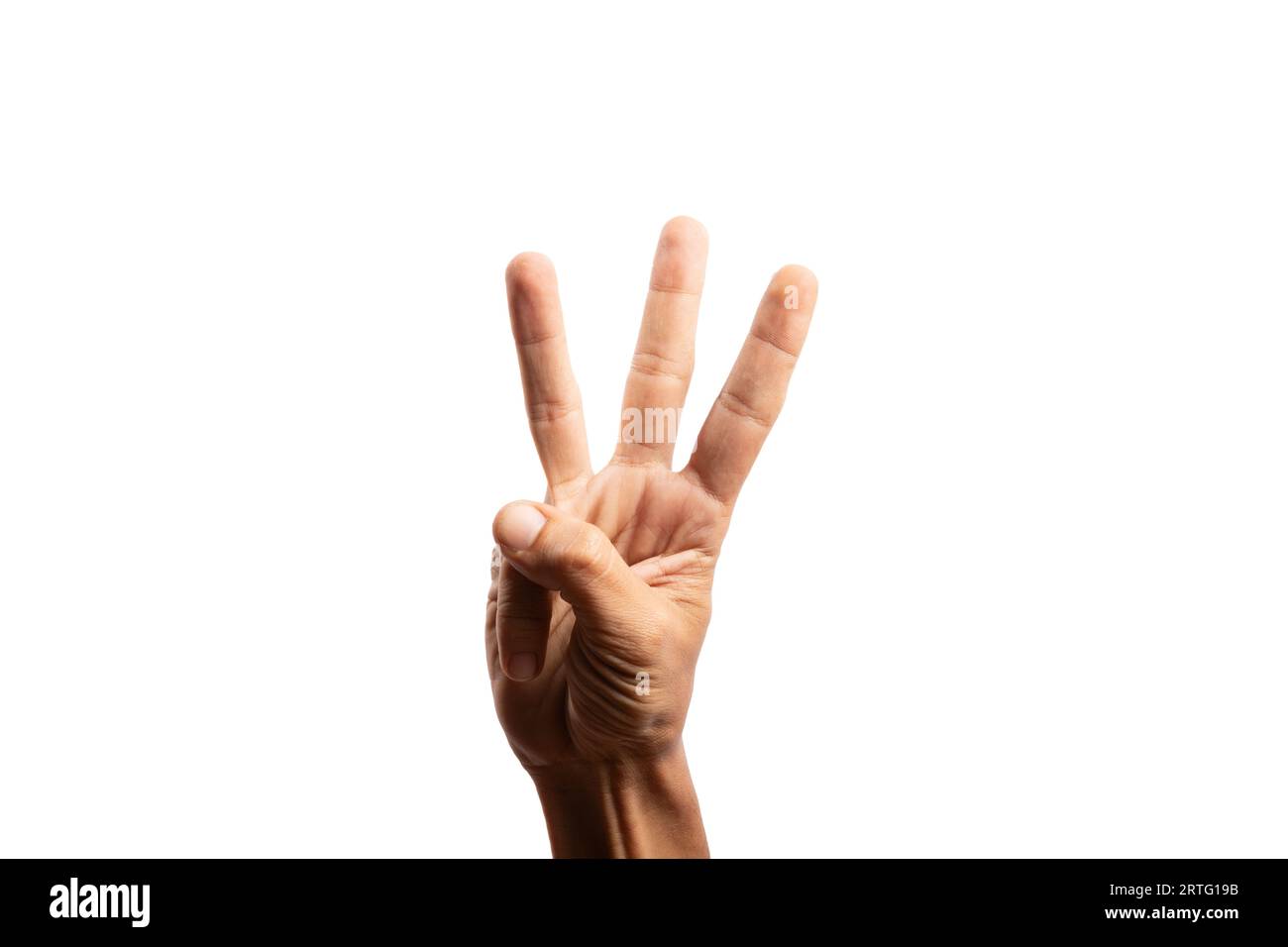 Black male right hand sign for number three isolated on white ...