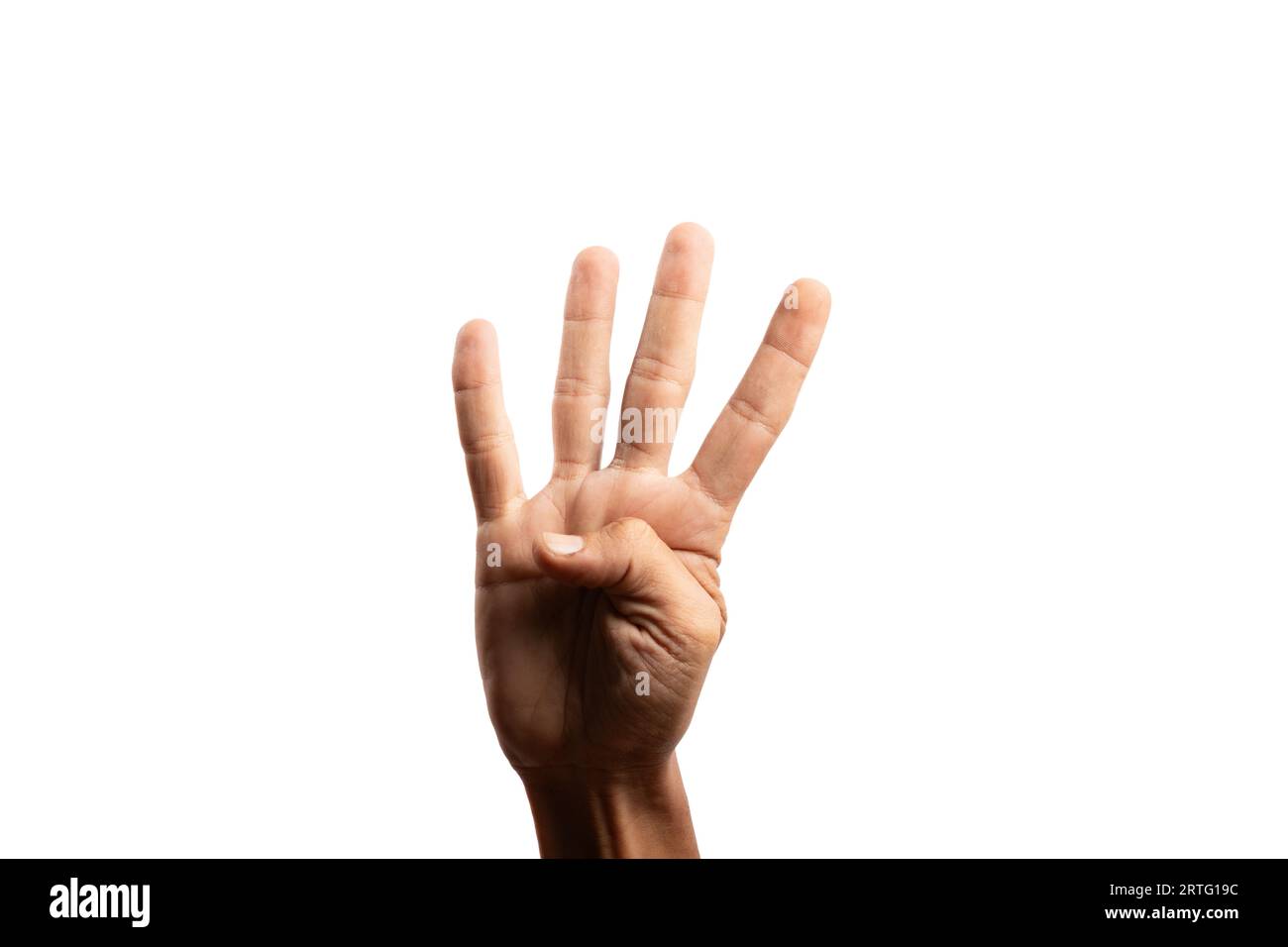 Black male right hand sign for number four isolated on white background ...