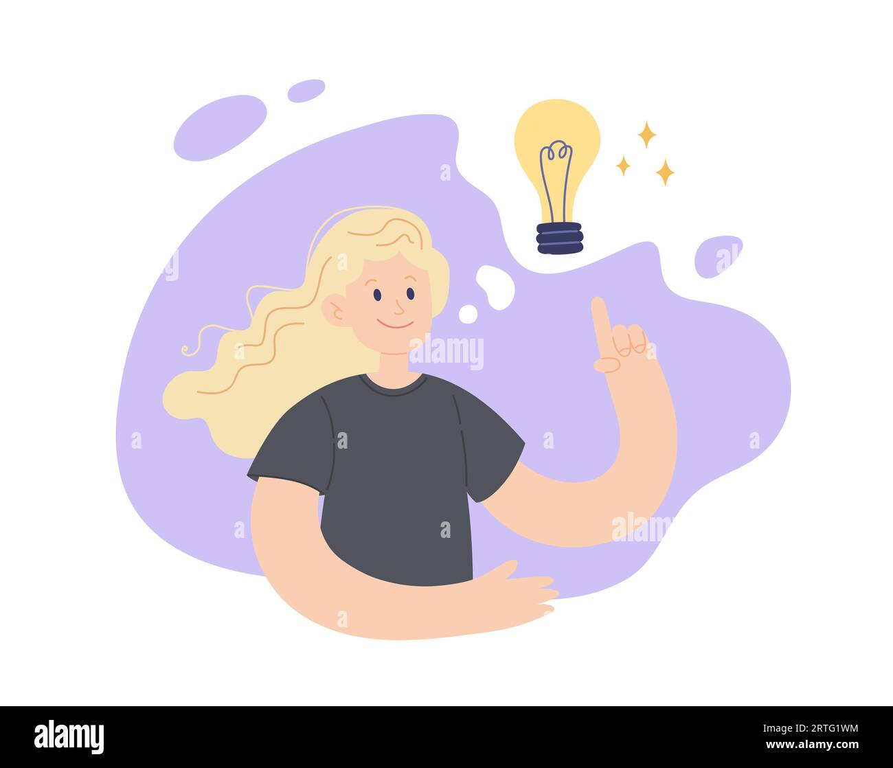 New idea light bulb concept. Young positive woman with lamp above her ...
