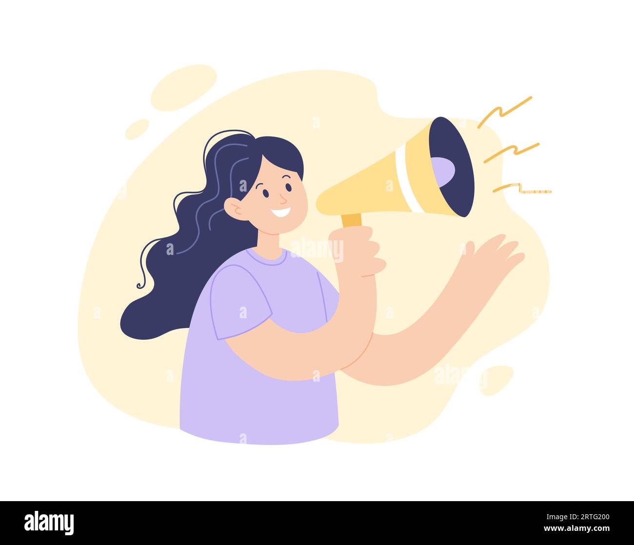 Woman with megaphone speaking. Female character concept of announcement ...