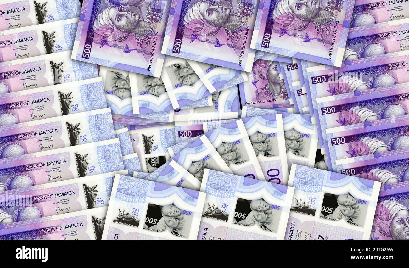 Jamaica Dollar banknotes in a cash fan mosaic pattern. Jamaican JMD 500 ...