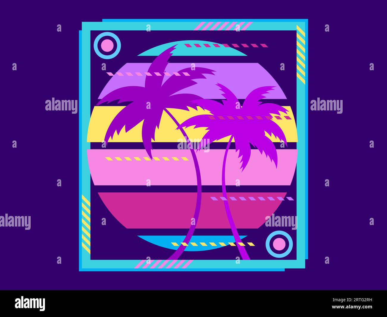 Poster with palm trees and retro sun in a futuristic style. Cyber punk ...