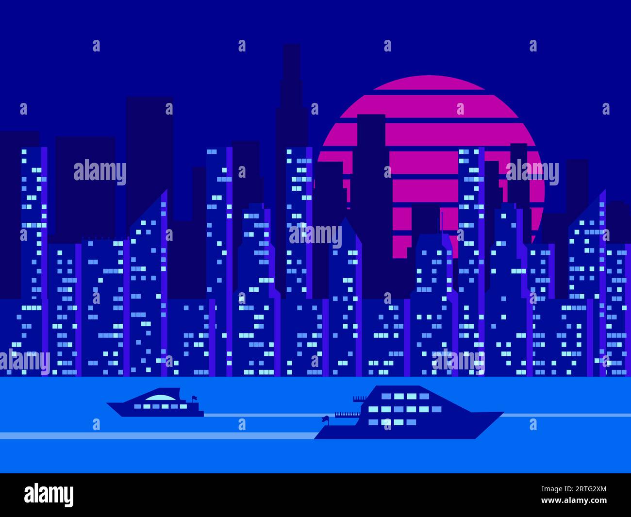 Night city with skyscrapers and yachts. City landscape with suns in ...