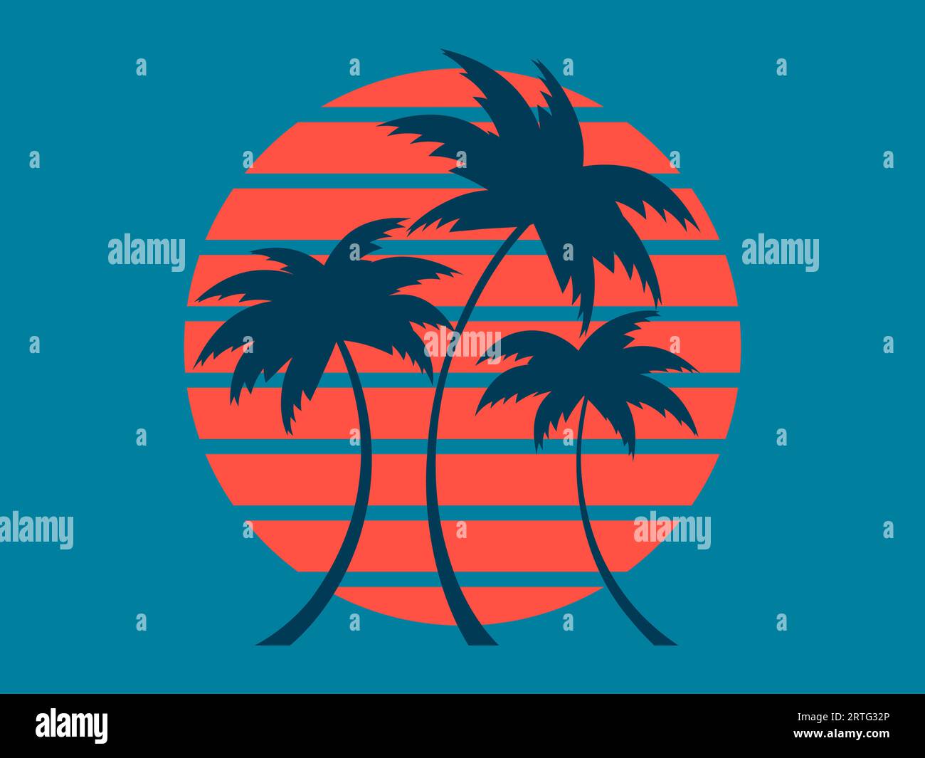 Tropical palm trees at sunset in a futuristic 80s style. Summer time ...