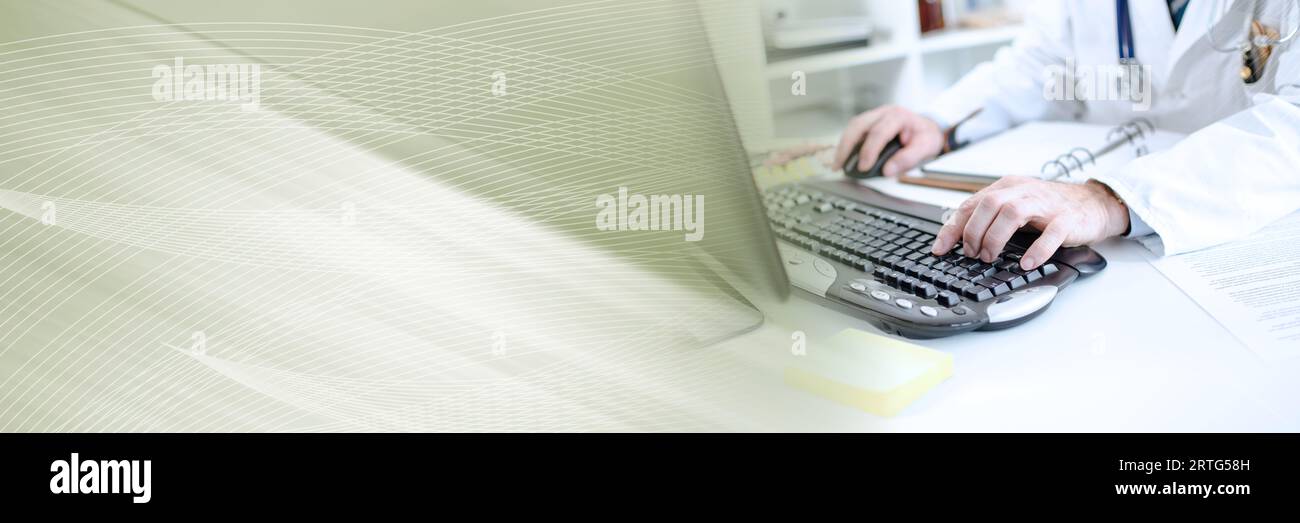 Doctor typing on a computer keyboard at office; panoramic banner Stock ...