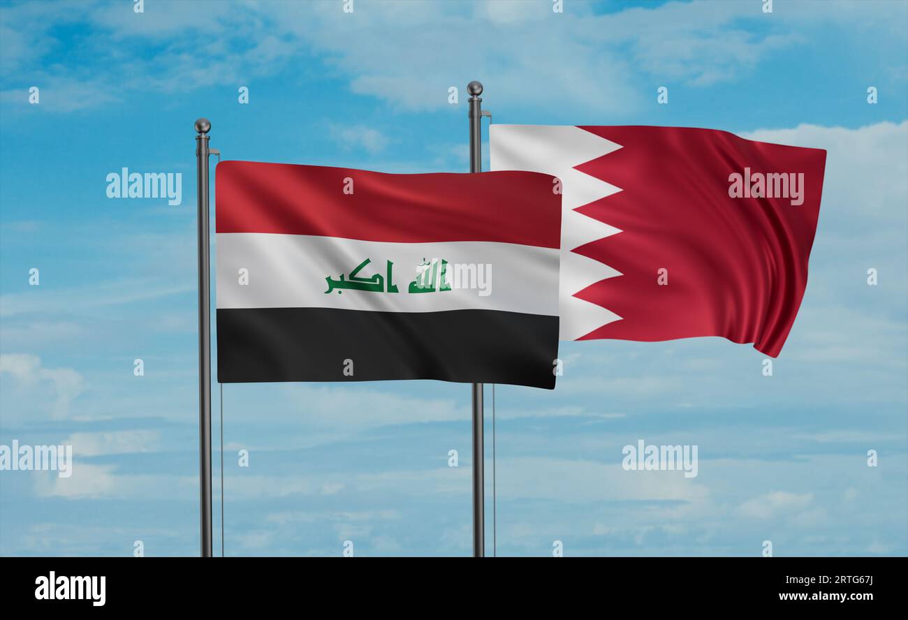 Bahrain flag and Iraq flag waving together on blue sky, two country ...