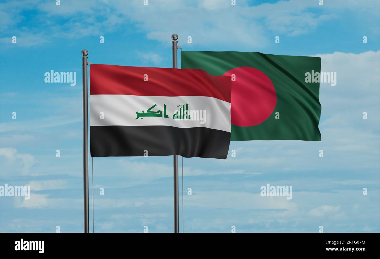 Bangladesh flag and Iraq flag waving together on blue sky, two country ...