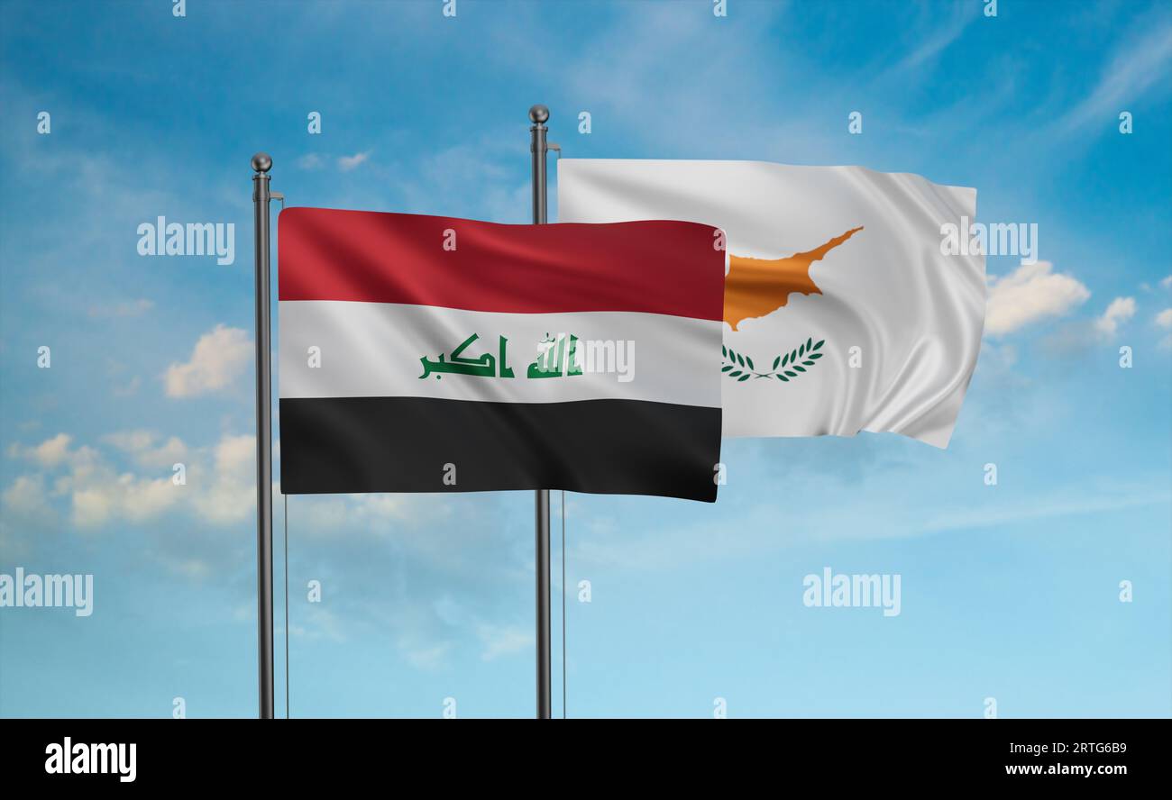Cyprus flag and Iraq flag waving together on blue sky, two country ...