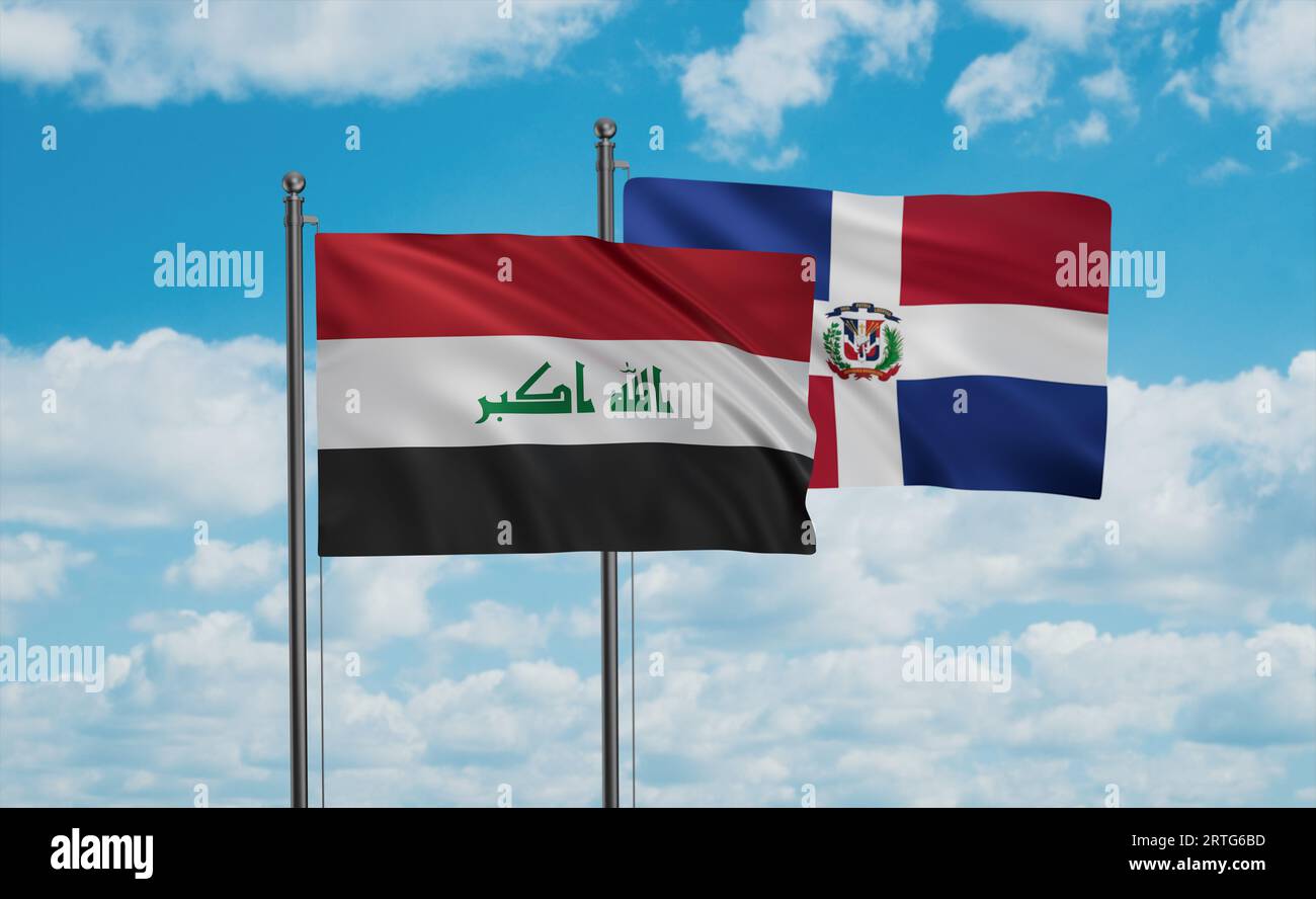 Dominican Republic flag and Iraq flag waving together on blue sky, two ...